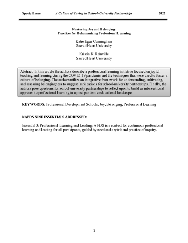 (PDF) Nurturing Joy and Belonging: Practices for Rehumanizing Professional Learning