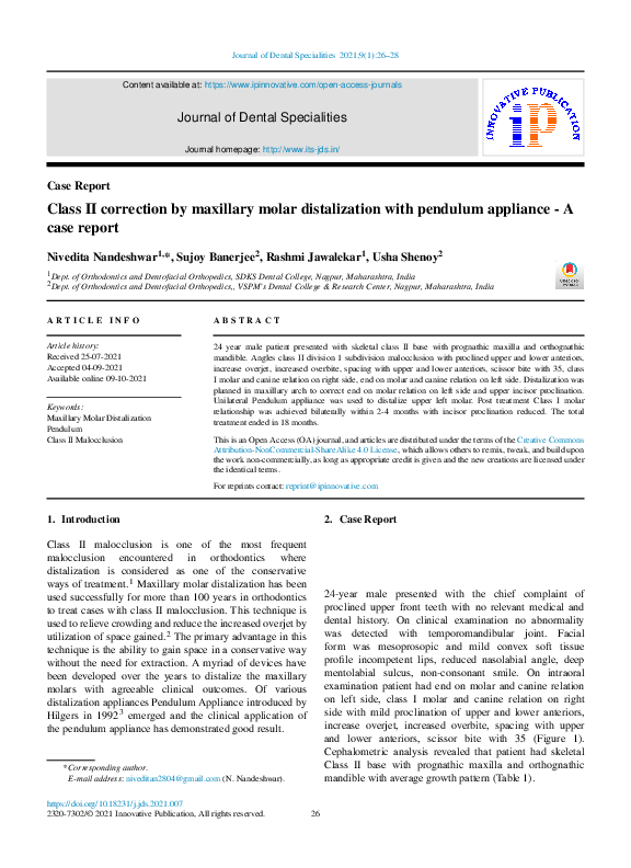 Pdf Class Ii Correction By Maxillary Molar Distalization With