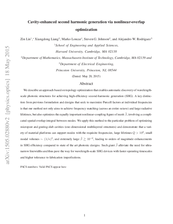 (PDF) Cavity-enhanced second harmonic generation via topology optimization