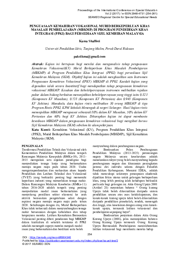 (PDF) Penguasaan Kemahiran Vokasional Murid Berkeperluan Khas Masalah Pembelajaran (MBKMP) DI ...