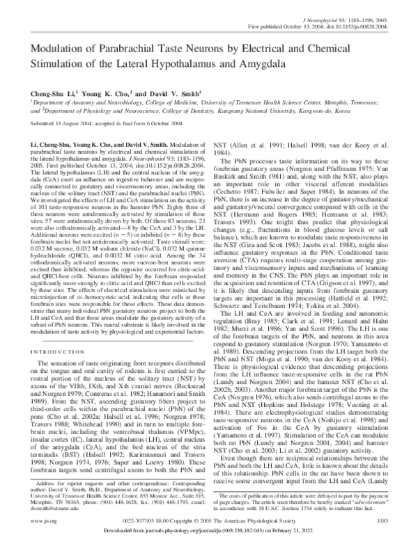 (PDF) Modulation of Parabrachial Taste Neurons by Electrical and ...