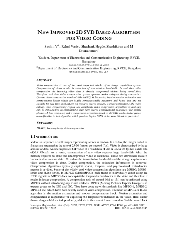 (PDF) New Improved 2D SVD Based Algorithm for Video Coding