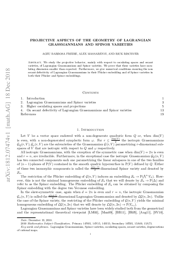 Pdf Projective Aspects Of The Geometry Of Lagrangian Grassmannians And Spinor Varieties