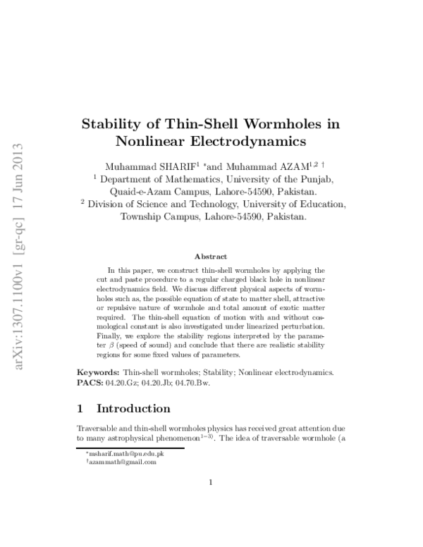 (PDF) Stability of Thin-Shell Wormholes in Nonlinear Electrodynamics