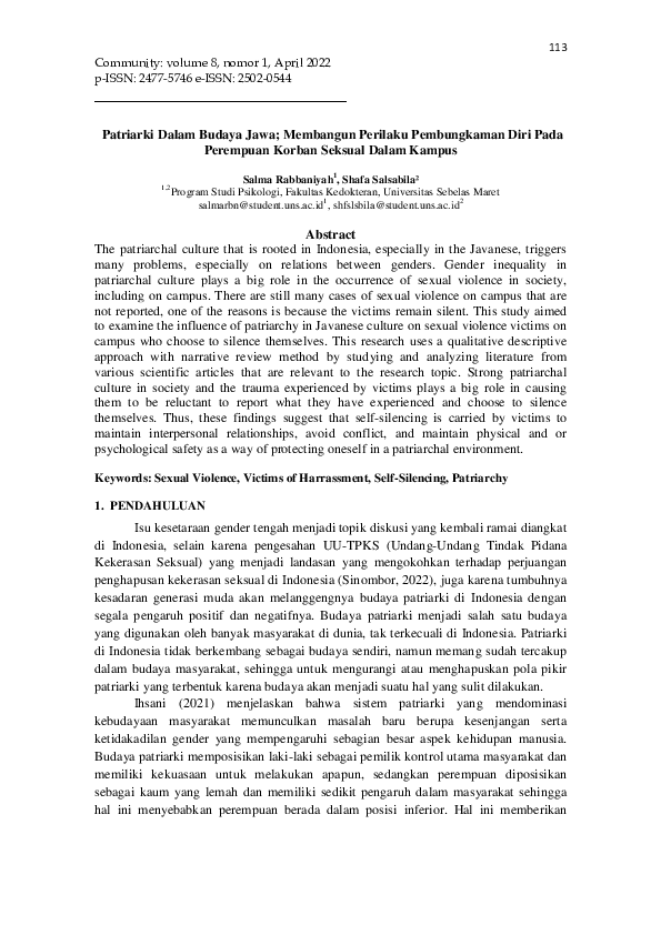 (PDF) Patriarki Dalam Budaya Jawa; Membangun Perilaku Pembungkaman Diri Pada Perempuan Korban ...