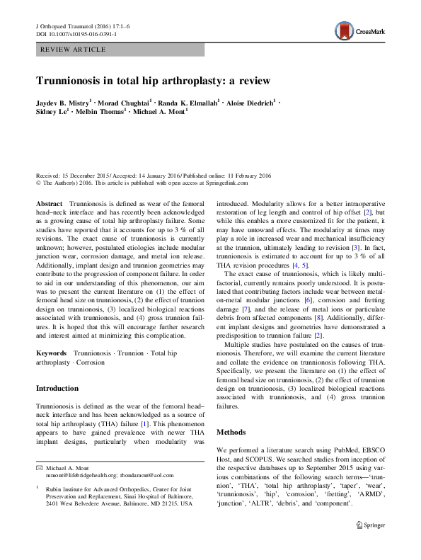 (PDF) Trunnionosis in total hip arthroplasty: a review