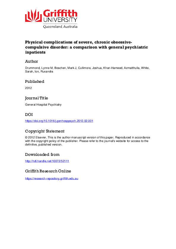 (PDF) Physical complications of severe, chronic obsessive-compulsive ...