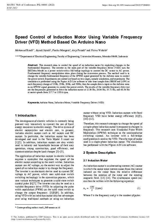 Pdf Speed Control Of Induction Motor Using Variable Frequency Driver Vfd Method Based On