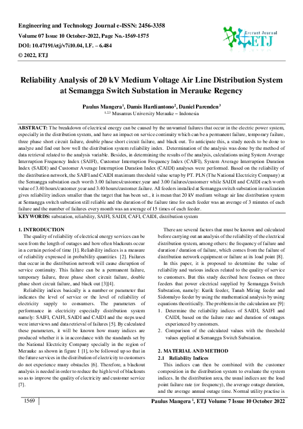 (PDF) Reliability Analysis of 20 KV Medium Voltage Air Line Distribution System at Semangga ...