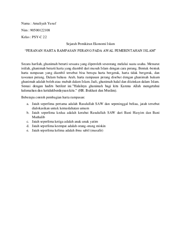 (PDF) PERANAN HARTA RAMPASAN PERANG PADA AWAL PEMERINTAHAN ISLAM