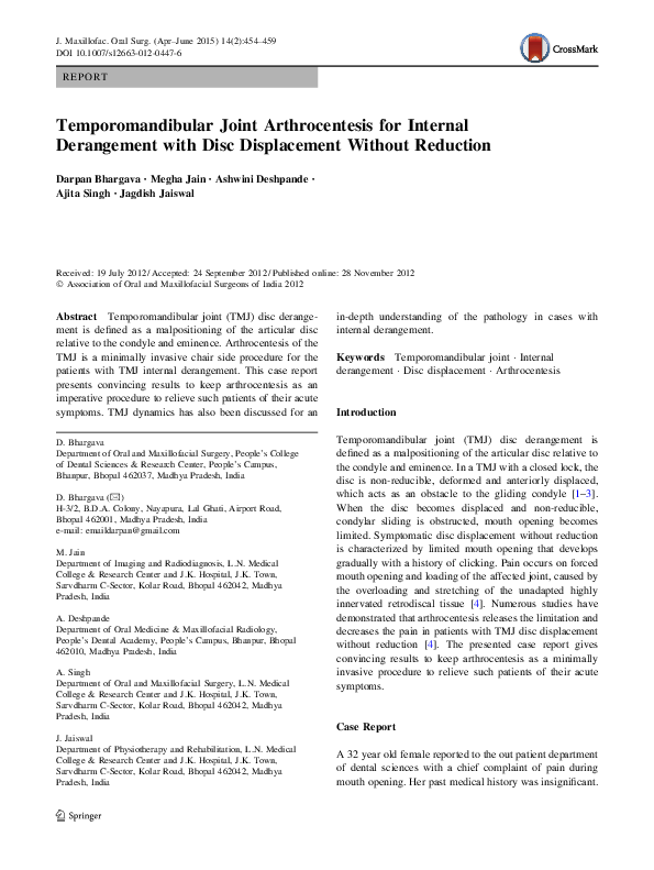 (PDF) Temporomandibular Joint Arthrocentesis for Internal Derangement ...