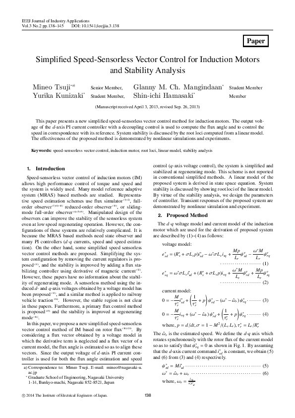 Pdf Simplified Speed Sensorless Vector Control For Induction Motors