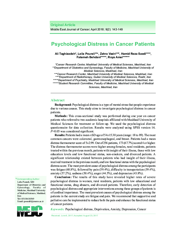 (PDF) Psychological Distress in Cancer Patients