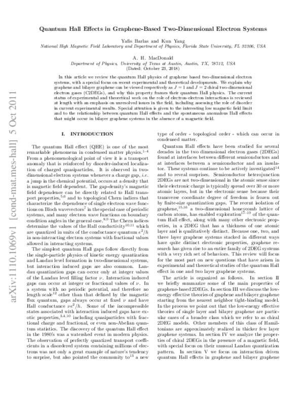 (PDF) Quantum Hall effects in graphene-based two-dimensional electron systems | Allan MacDonald ...