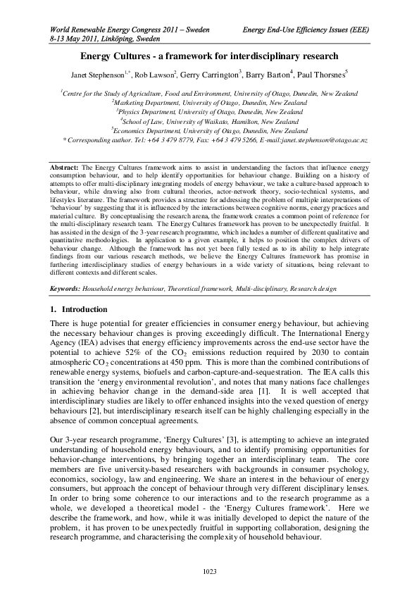 (PDF) Energy Cultures - A Framework for Interdisciplinary Research