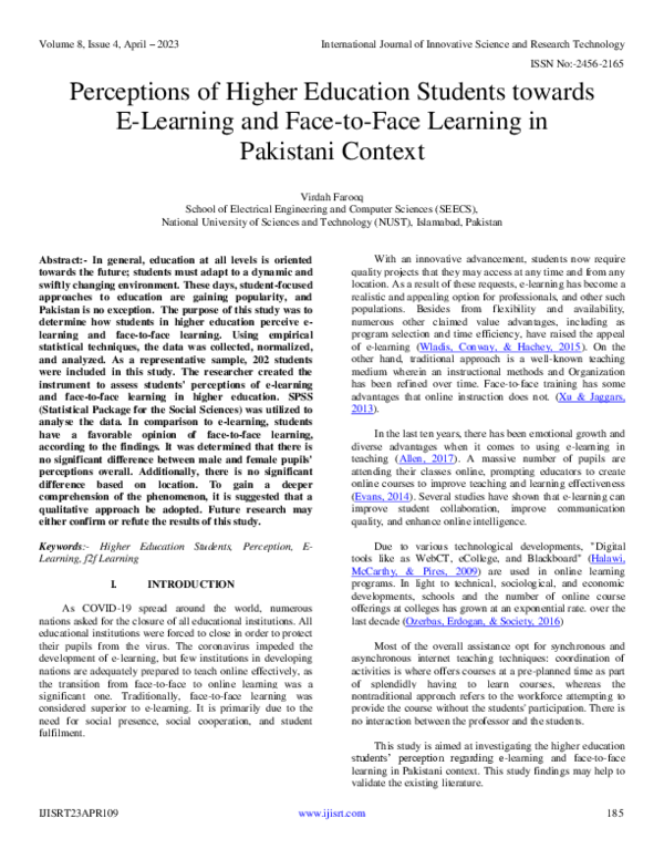 (PDF) Perceptions of Higher Education Students towards E-Learning and Face-to-Face Learning in ...