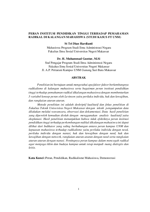 (PDF) Peran Institusi Pendidikan Tinggi Terhadap Pemahaman Radikal DI Kalangan Mahasiswa (Studi ...
