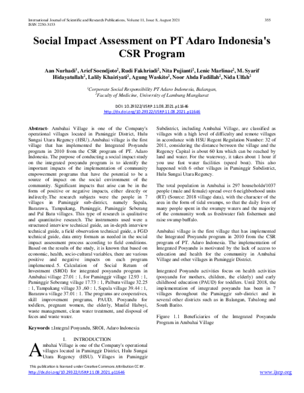 (PDF) Social Impact Assessment on PT Adaro Indonesias CSR Program