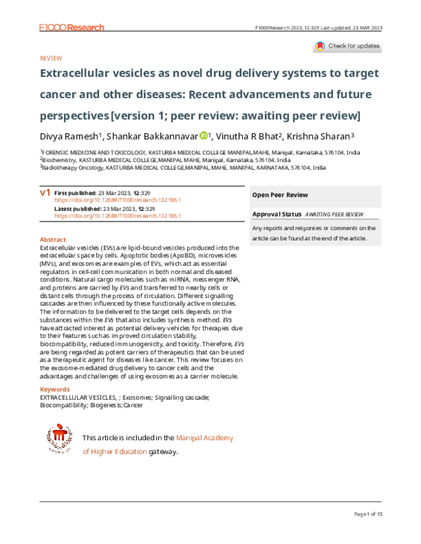 (PDF) Extracellular vesicles as novel drug delivery systems to target cancer and other diseases ...