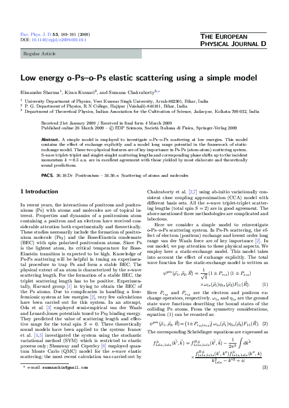 (PDF) Low energy o-Ps–o-Ps elastic scattering using a simple model