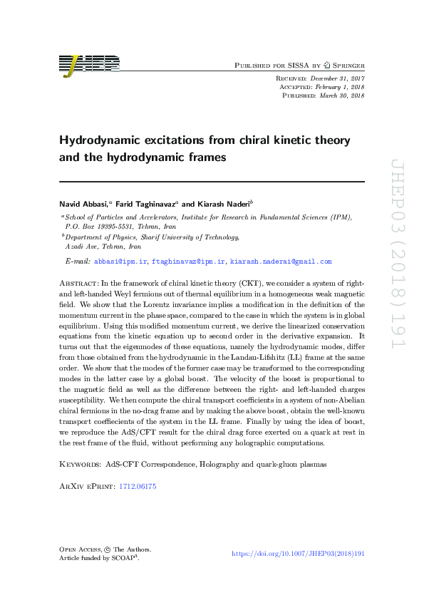 (PDF) Hydrodynamic excitations from chiral kinetic theory and the ...