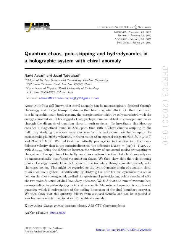 (PDF) Quantum chaos, pole-skipping and hydrodynamics in a holographic ...
