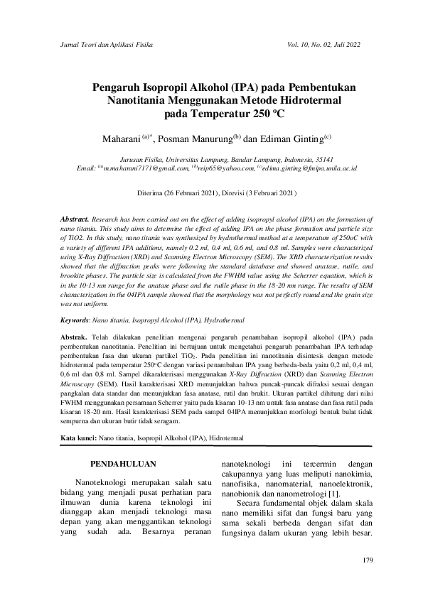 (PDF) Pengaruh Isopropil Alkohol (IPA) pada Pembentukan Nanotitania ...