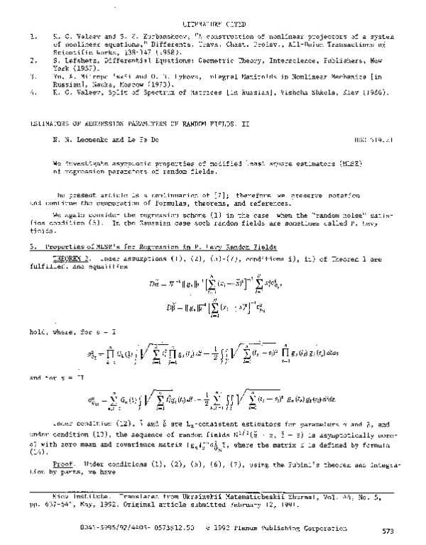 (PDF) Estimators of regression parameters of random fields. II