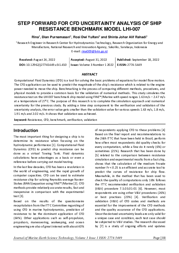 (PDF) Step Forward for CFD Uncertainty Analysis of Ship Resistance Benchmark Model LHI-007