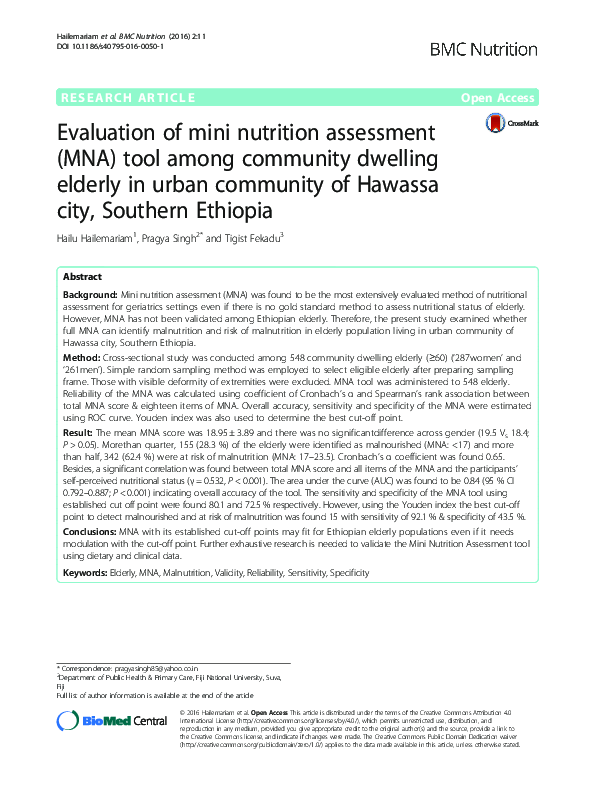 (PDF) Evaluation of mini nutrition assessment (MNA) tool among ...