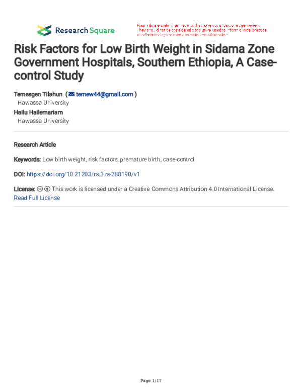 (PDF) Risk Factors for Low Birth Weight in Sidama Zone Government ...