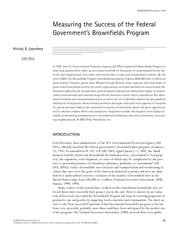 (PDF) Measuring the success of the federal government's Brownfields Program