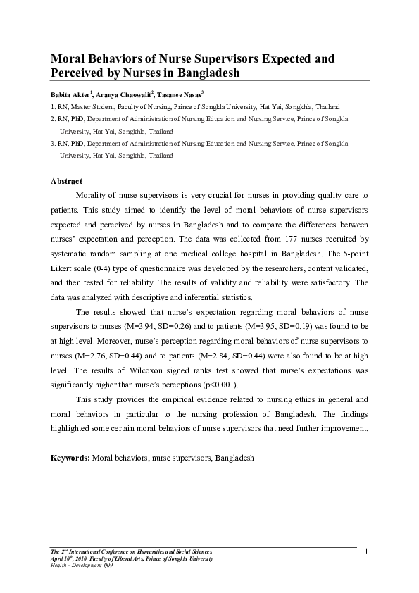(PDF) Moral Behaviors of Nurse Supervisors Expected and Perceived by Nurses in Bangladesh ...