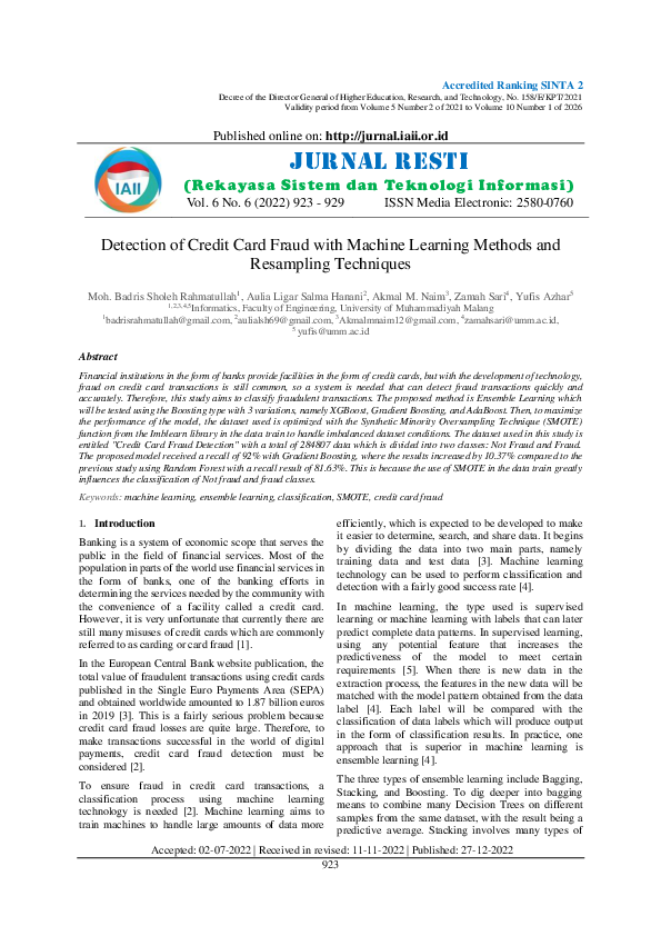(PDF) Detection of Credit Card Fraud with Machine Learning Methods and Resampling Techniques