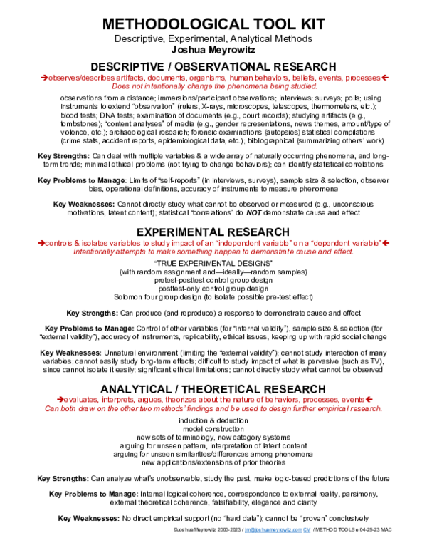 (DOC) Methodological Tool Kit: Descriptive, Experimental, & Analytical ...