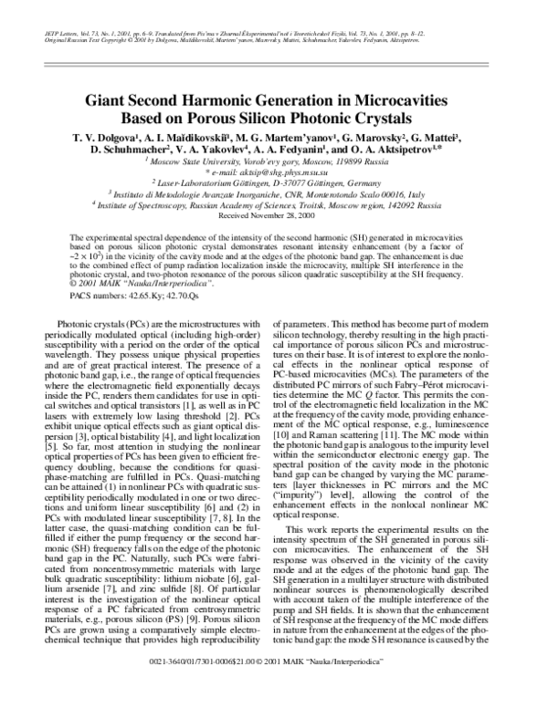 (PDF) Giant second harmonic generation in microcavities based on porous silicon photonic crystals