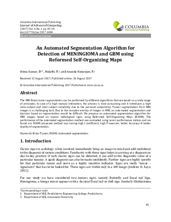 Pdf An Automated Segmentation Algorithm For Detection Of Meningioma
