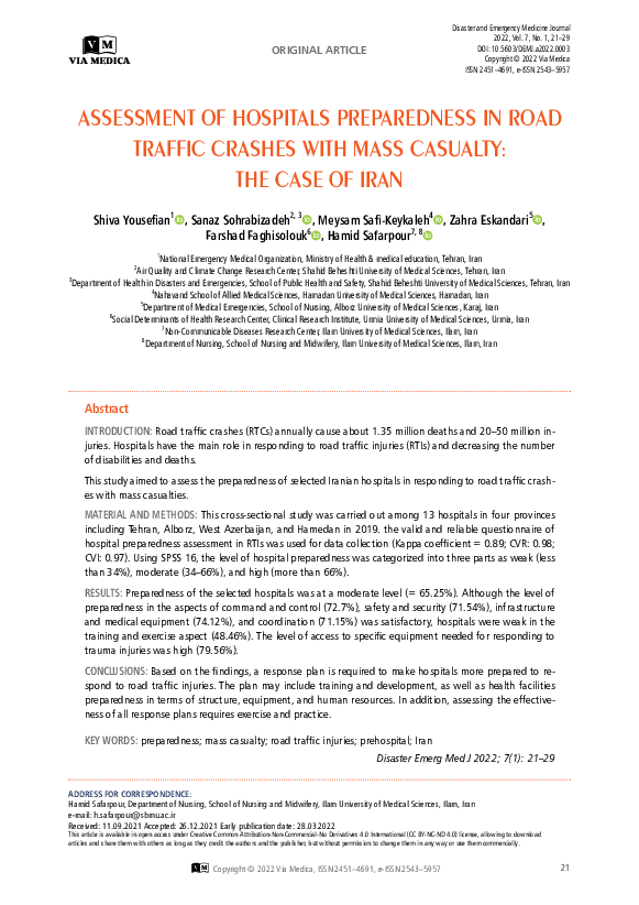 (PDF) Assessment of hospitals preparedness in road traffic crashes with mass casualty: the case ...