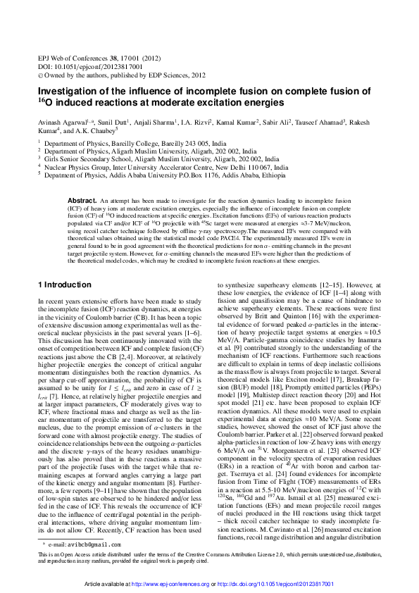 (PDF) Investigation of the influence of incomplete fusion on complete ...
