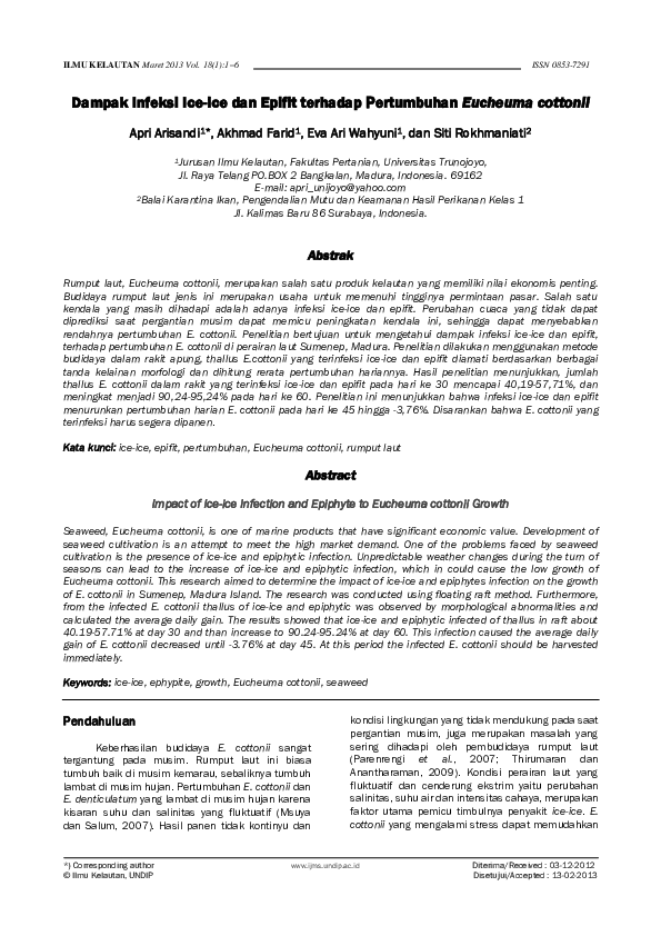 (PDF) Dampak Infeksi Ice-ice dan Epifit terhadap Pertumbuhan Eucheuma ...