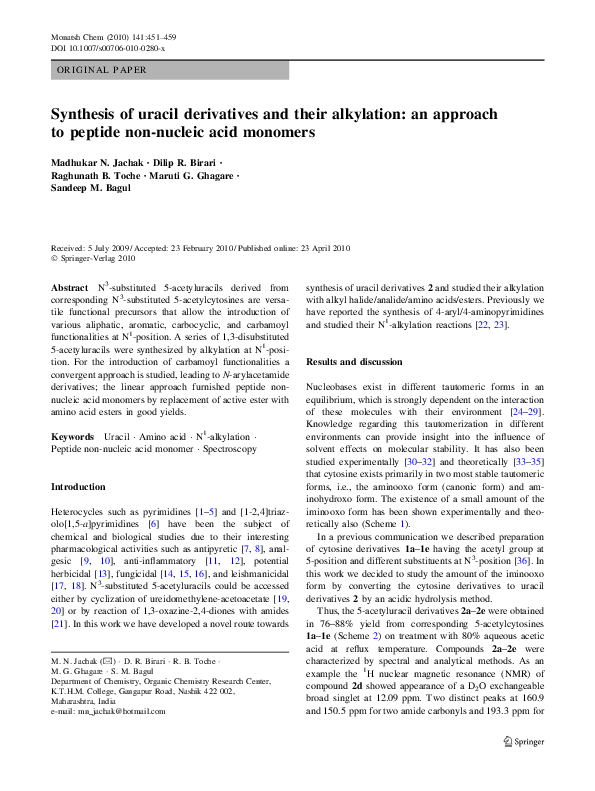 (PDF) Synthesis of uracil derivatives and their alkylation: an approach to peptide non-nucleic ...