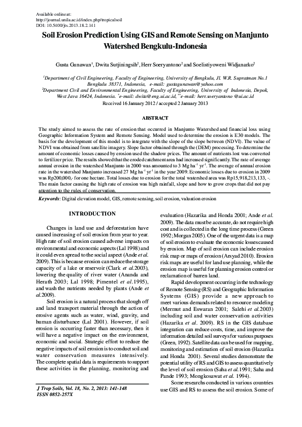 (PDF) Soil Erosion Prediction Using GIS and Remote Sensing on Manjunto Watershed Bengkulu, Indonesia
