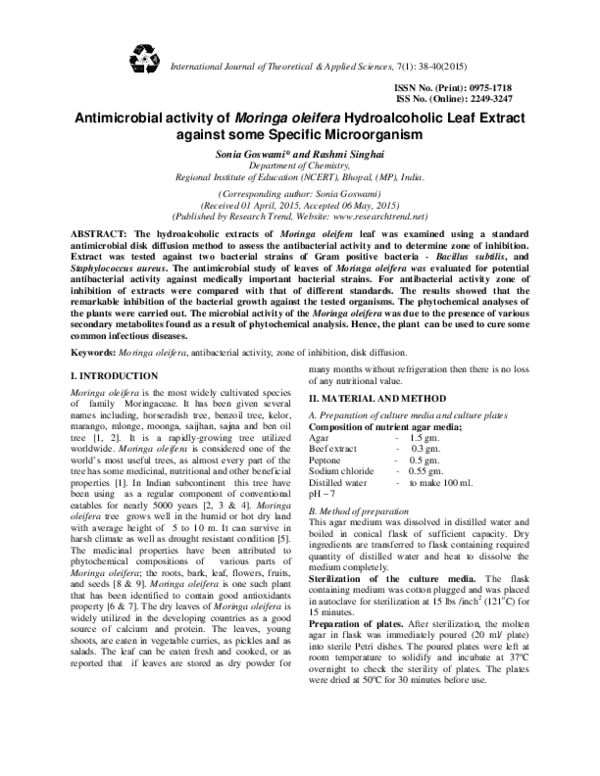 (PDF) Antimicrobial activity of Moringa oleifera Hydroalcoholic Leaf Extract against some ...