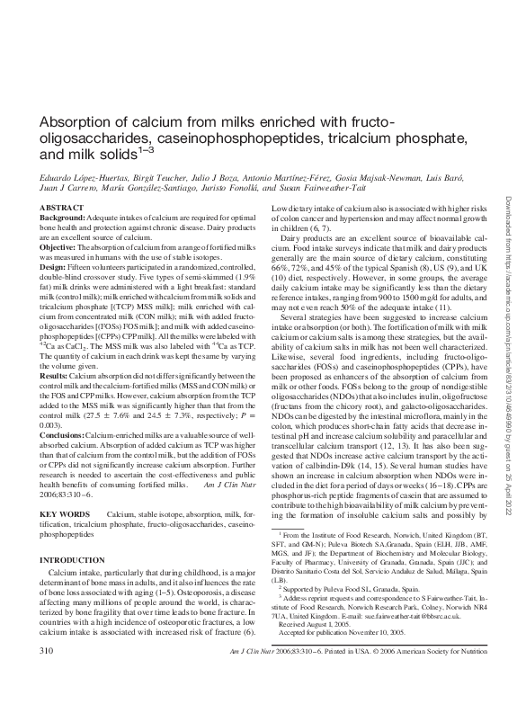 (PDF) Absorption of calcium from milks enriched with fructo ...
