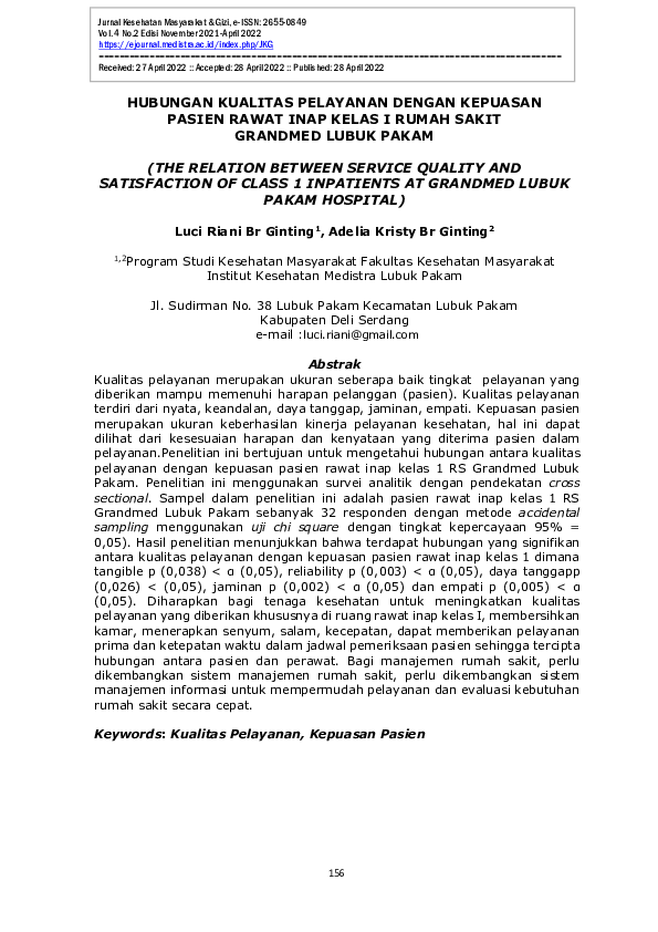 (PDF) The Relation Between Service Quality and Satisfaction of Class 1 Inpatients at Grandmed ...