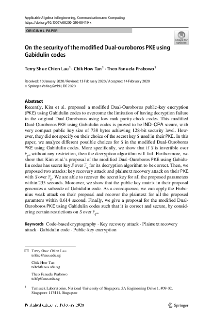 (PDF) On the security of the modified Dual-ouroboros PKE using Gabidulin codes