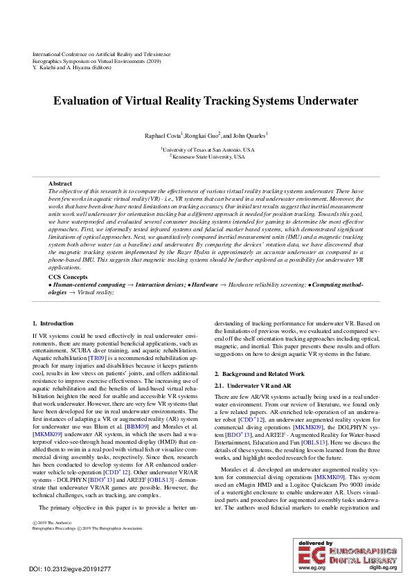 (PDF) Evaluation of Virtual Reality Tracking Systems Underwater