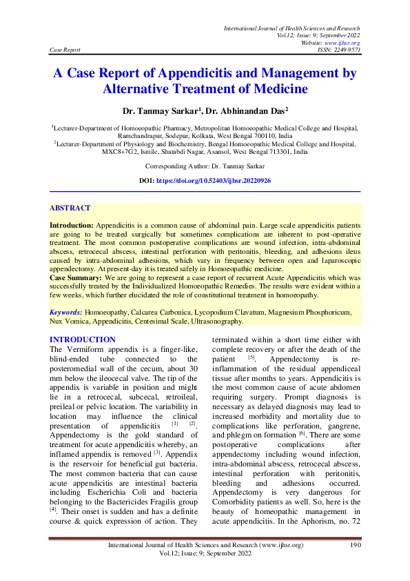 (PDF) A Case Report of Appendicitis and Management by Alternative Treatment of Medicine