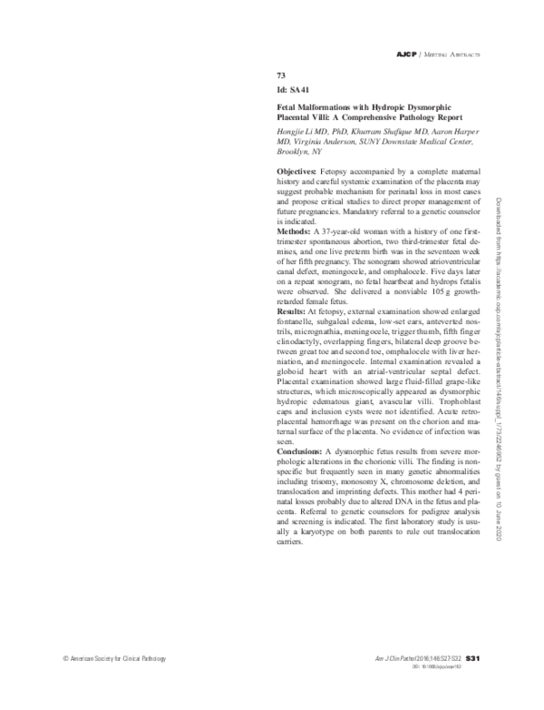 (PDF) Fetal Malformations with Hydropic Dysmorphic Placental Villi: A ...