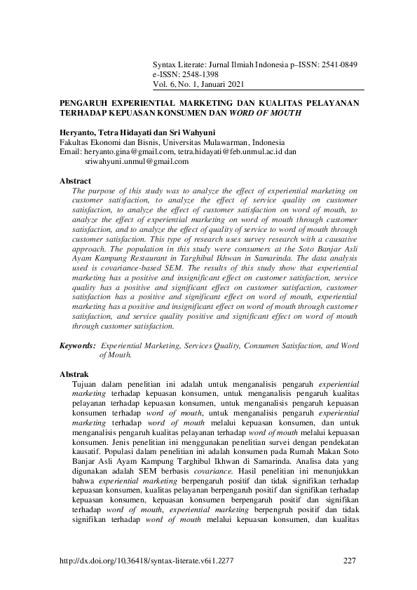(PDF) Pengaruh Experiential Marketing dan Kualitas Pelayanan terhadap Kepuasan Konsumen dan Word ...